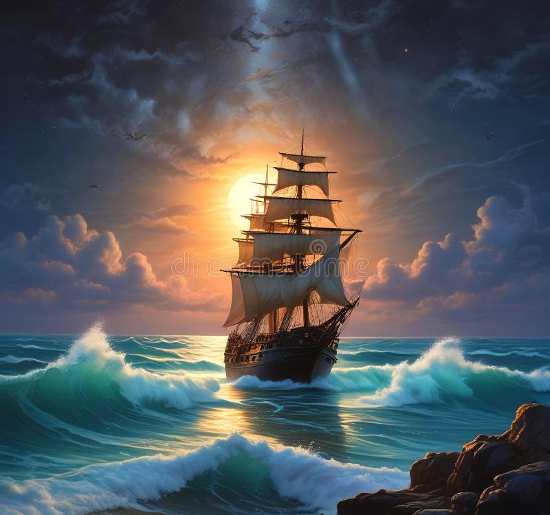 Illustration of Medieval Ship in Ocean Stock Illustration ...