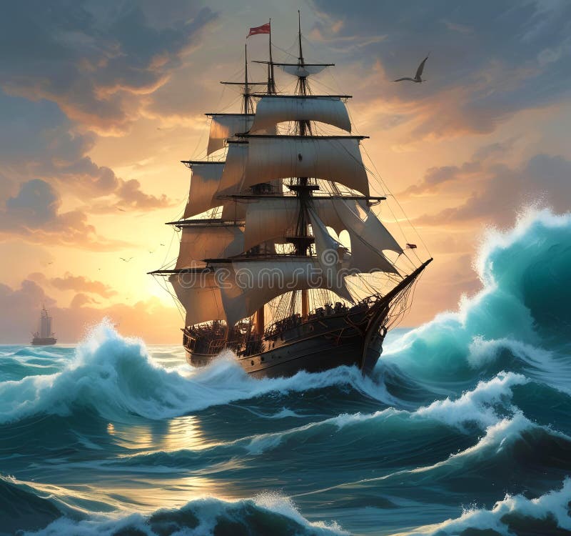 Illustration of Medieval Ship in Ocean Stock Illustration ...