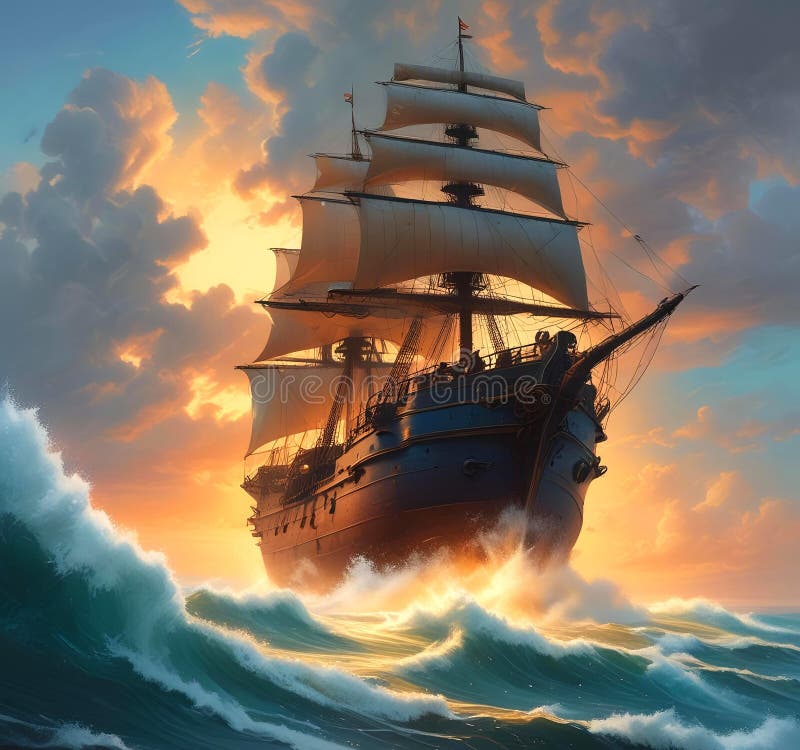 Illustration of Medieval Ship in Ocean Stock Illustration ...