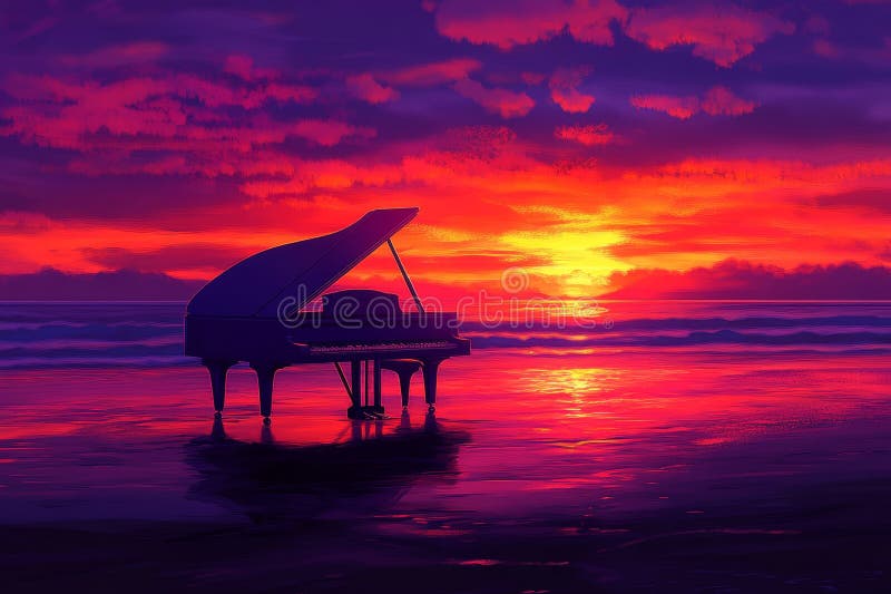 An Illustration of a Melting Black Piano on the Beach during Sunset ...