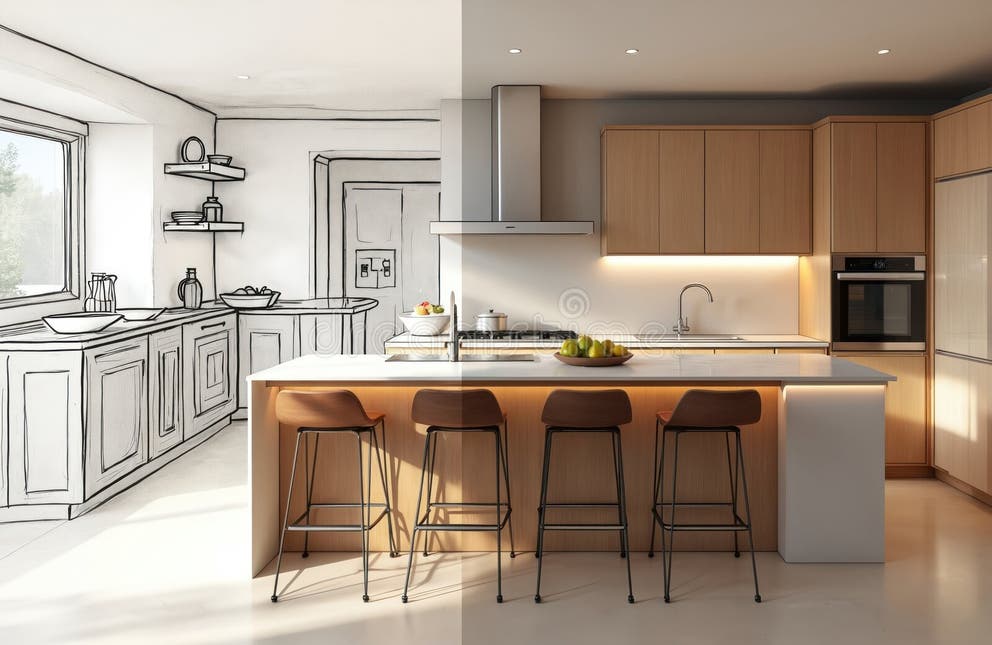 Illustration Merging Kitchen Design Sketch with Finished Kitchen Image. Visualization Shows ...