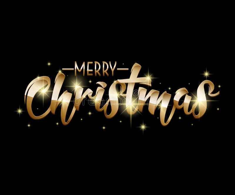 Merry Christmas Gold Lettering Greeting Card On Black Background Stock