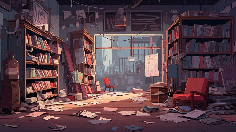 An Illustration of a Messy Library with Books and Chairs AI Generated ...
