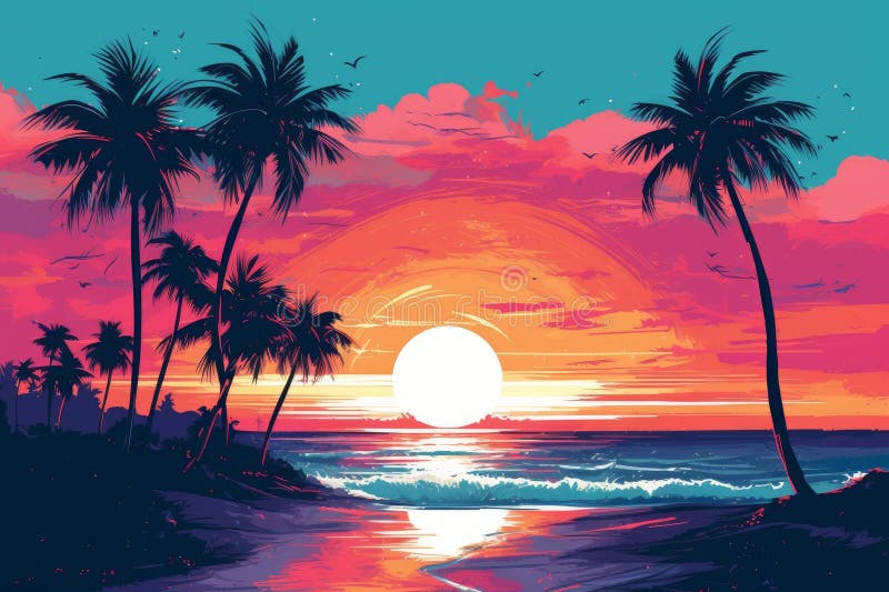 Illustration of Miami Beach in a Vibrant 1980s Retro Synthwave Style ...