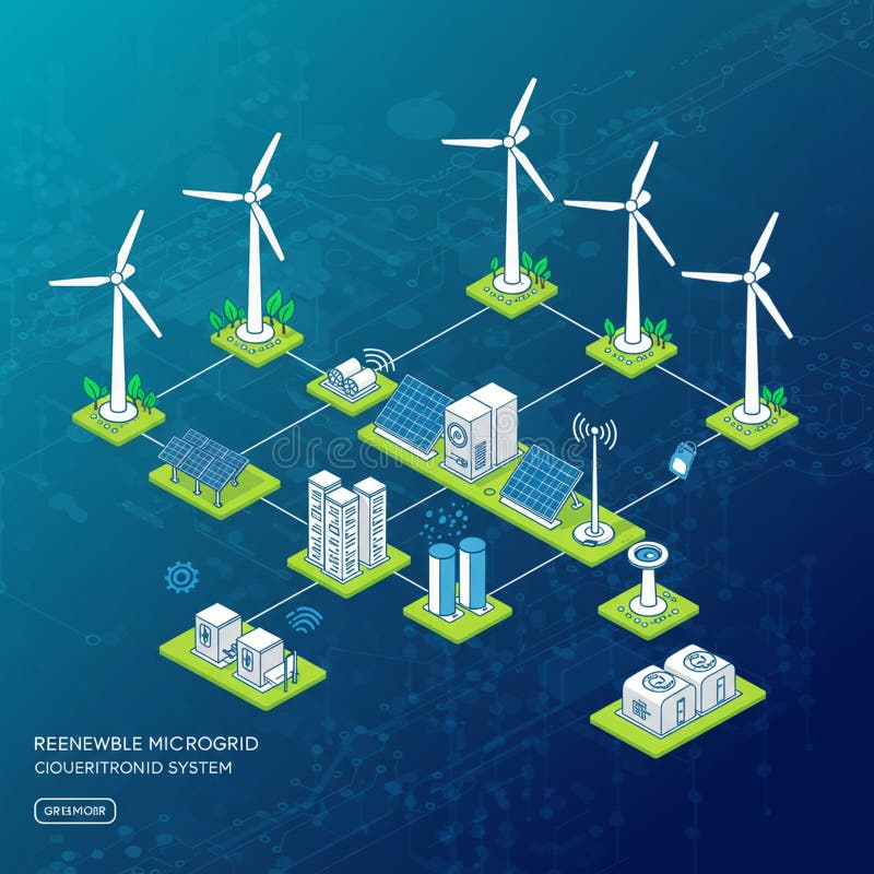 Illustration of a Microgrid System Featuring Wind Turbines, Solar ...