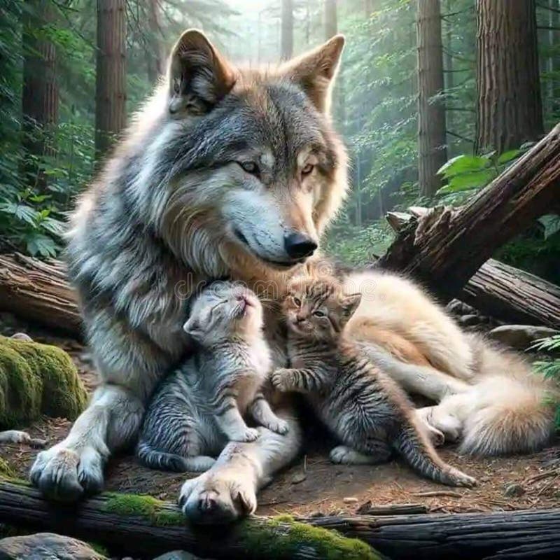An Illustration in the Middle of a Forest with a Wolf and Two Kittens ...