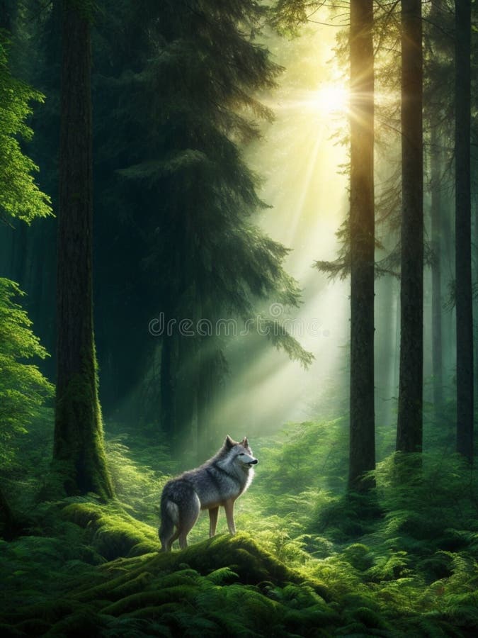 An Illustration in the Middle of a Forest with a Wolf Under a Very ...