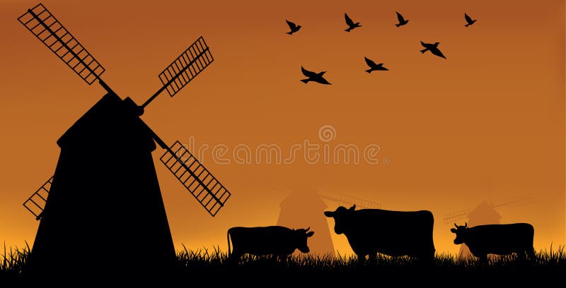 Illustration, Mill and Cow on a Meadow. Stock Vector - Illustration of ...