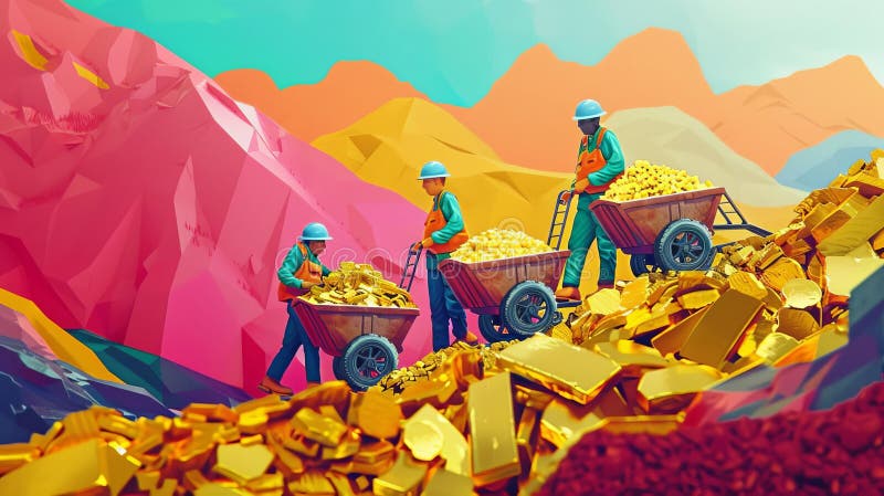 3 Illustration of Miners Transporting Gold with a Colorful Backdrop ...