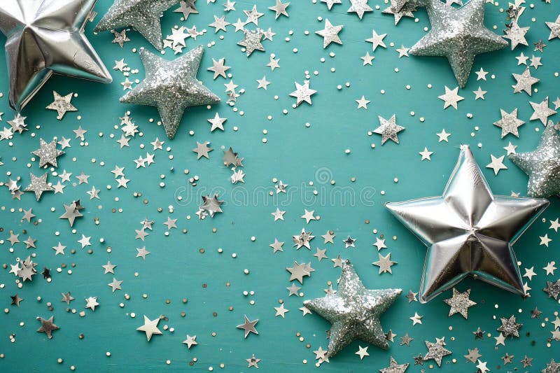 Mint Green Background with Silver Stars Confetti, Flat Lay, Top View ...