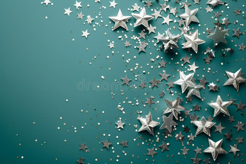 Mint Green Background with Silver Stars Confetti, Flat Lay, Top View ...