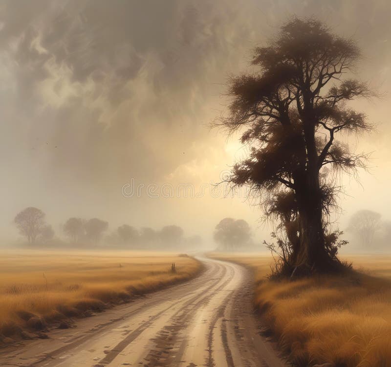 Illustration of Misty Road through a Brown Field Stock Illustration ...