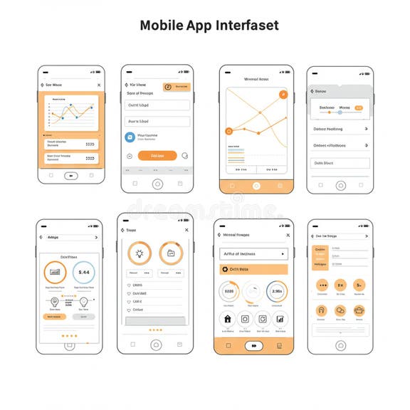 Illustration of a Mobile App Interface Displaying Several Screens. Each ...