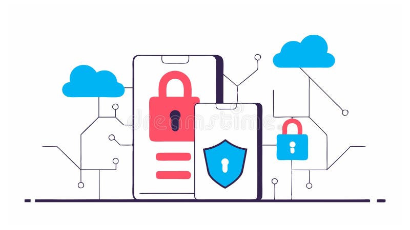 Illustration of Mobile Security with Locks, Shield, and Cloud Stock ...