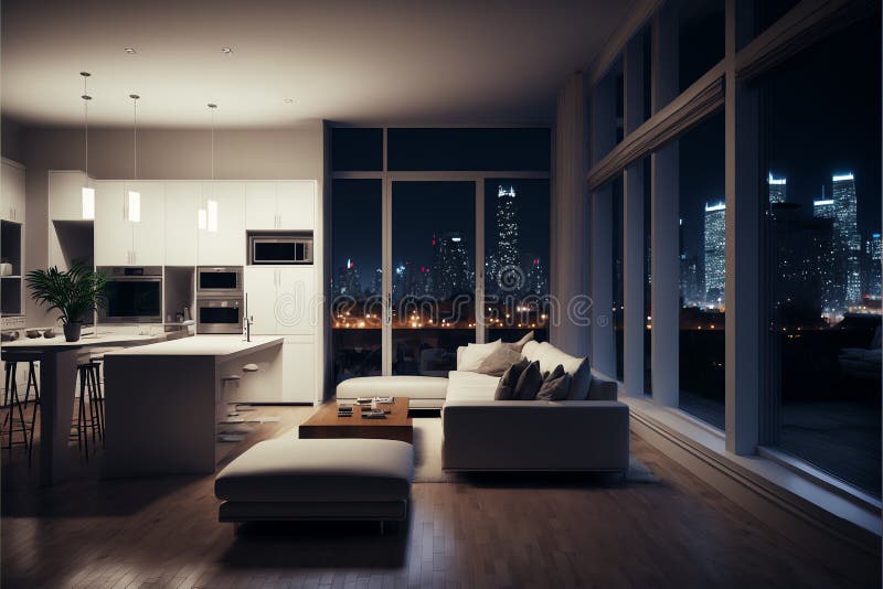 Illustration of Modern Apartment with Big Windows Created with ...