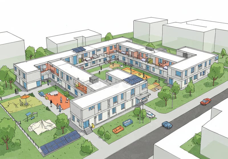 Illustration of a Modern Apartment Complex with a U-shaped Layout. the ...