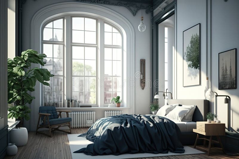 Illustration of Modern Bedroom with Big French Windows Stock ...
