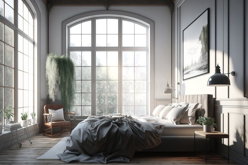 Illustration of Modern Bedroom with Big French Windows Stock ...