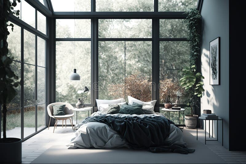 Illustration of Modern Bedroom with Big French Windows Stock ...