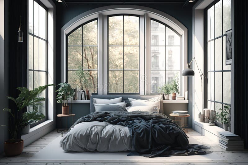 Illustration of Modern Bedroom with Big French Windows Stock ...
