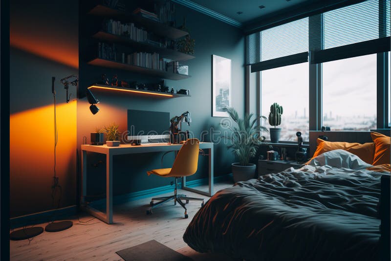 Illustration of Modern Bedroom with Office Desk and Big Windows,created ...