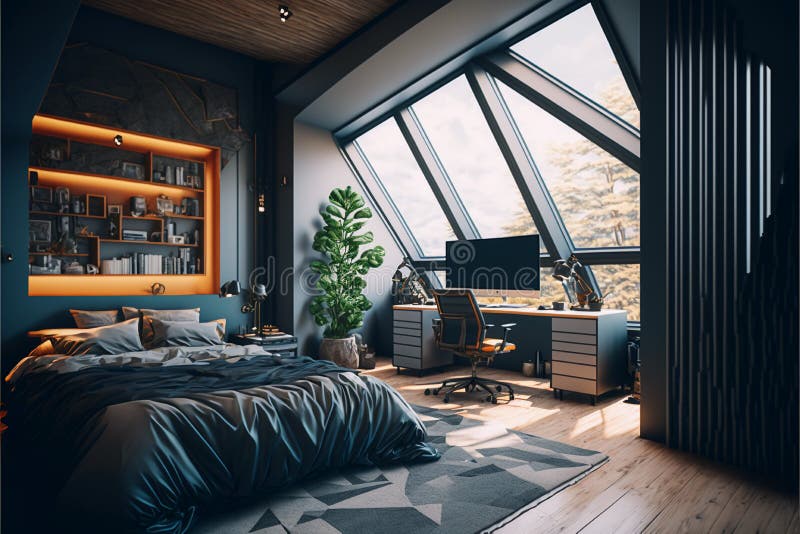 Illustration of Modern Bedroom with Office Desk and Big Windows,created ...