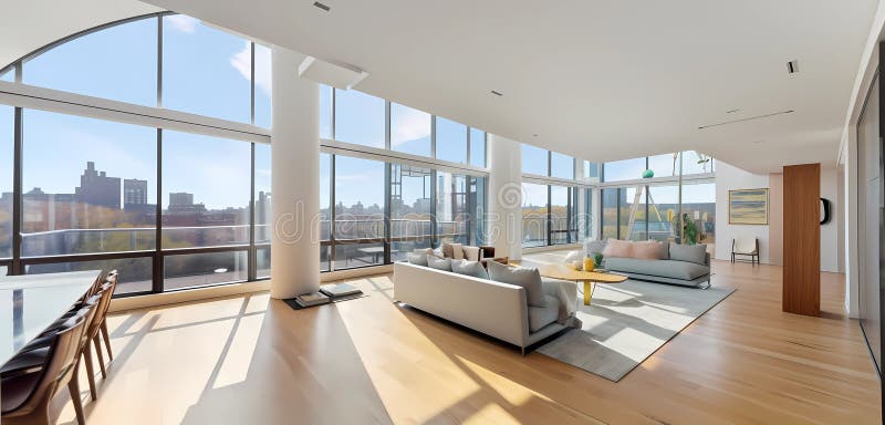 Illustration of Modern Bright Apartment with Big Windows and View ...