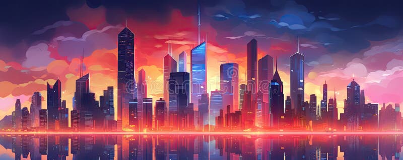 Illustration of a Modern City Skyline with Glowing Skyscrapers ...