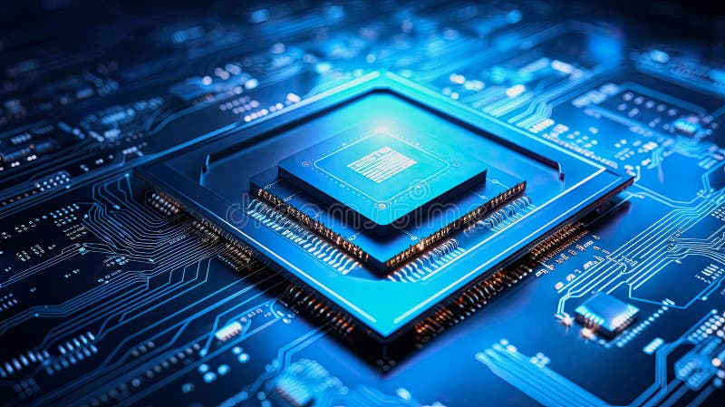 Illustration of a Modern Computer Chip in Blue Neon Color Stock Image ...