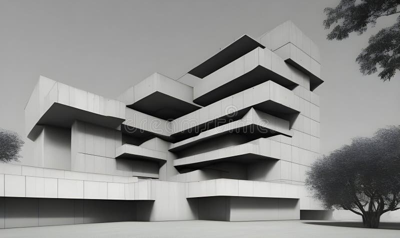 Illustration of a Modern Concrete Minimalist Brutalist Building with an ...