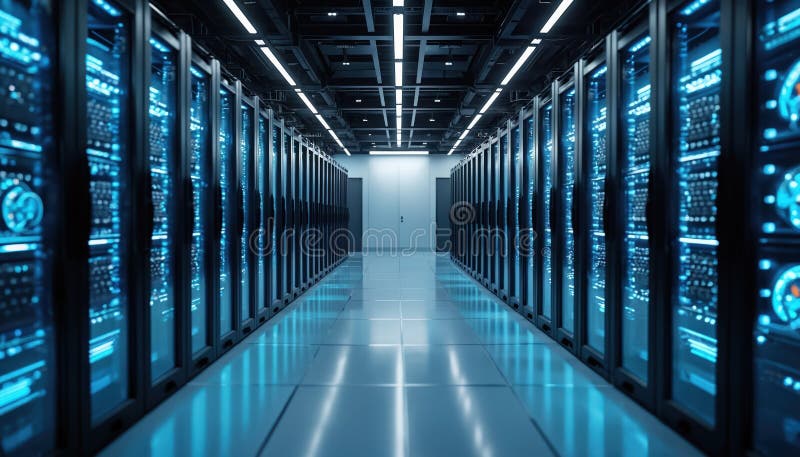 A Row of Servers in a Server Room with Red and Blue Lights Stock Photo ...