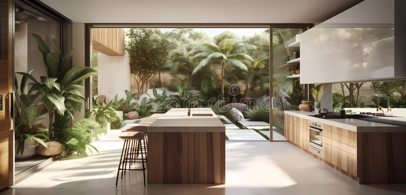 Illustration of Modern Fairy Kitchen with Big French Windows, Created ...