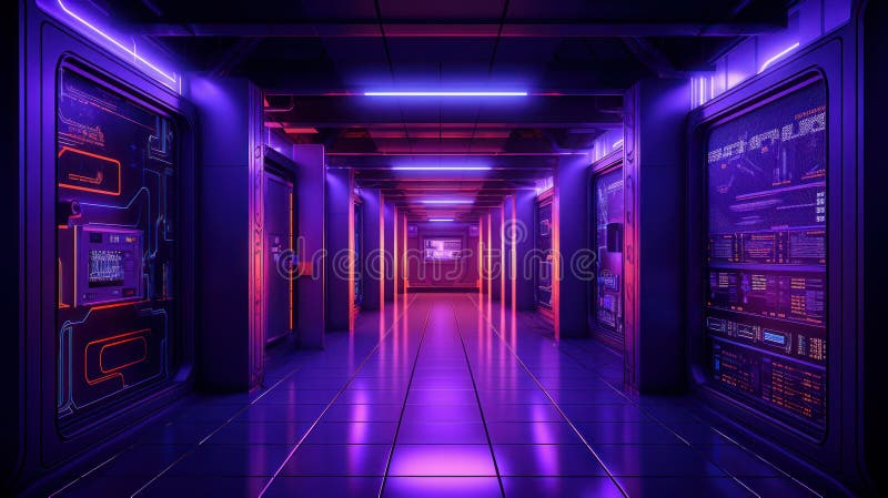 Illustration of a Modern High Technology Server Room in Purple Neon ...