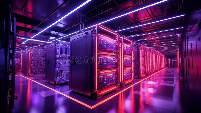Illustration of a Modern High Technology Server Room in Purple Neon ...
