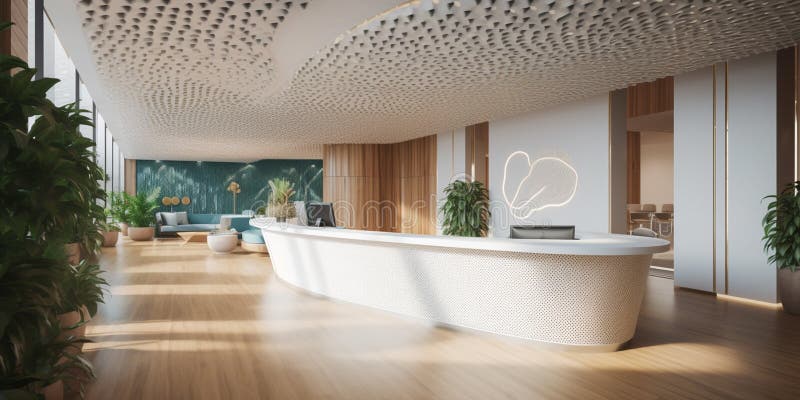 Illustration of Modern Hotel Lobby Space. Sleek Front Desk with a White ...