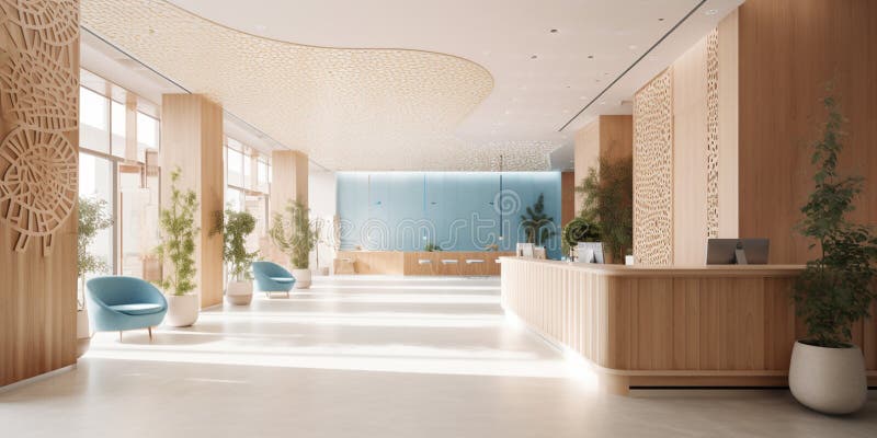 Illustration of Modern Hotel Lobby Space. Sleek Front Desk with a White ...