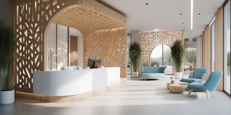 Illustration of Modern Hotel Lobby Space. Sleek Front Desk with a White ...