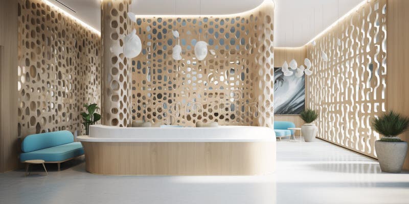 Illustration of Modern Hotel Lobby Space. Sleek Front Desk with a White ...