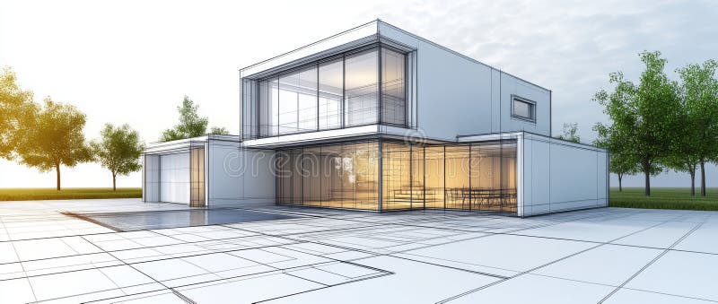 Illustration of a Modern House Structure in Line Art Style Displaying ...