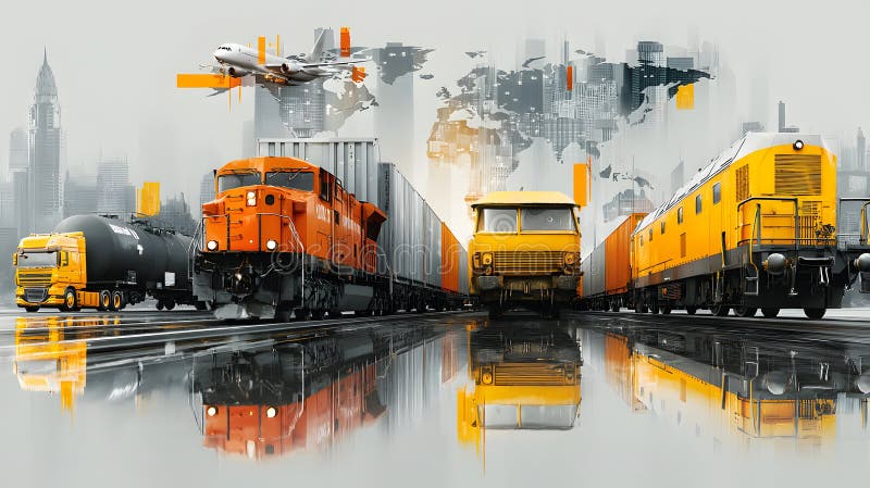 Modern Logistics Concept with Trains and Airplane Stock Illustration ...