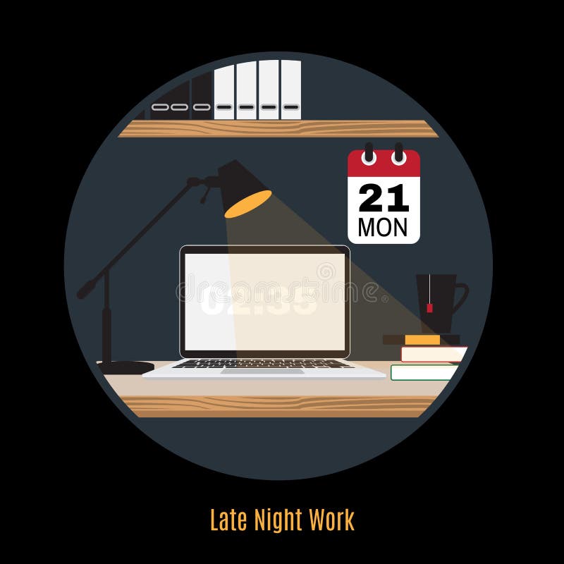 Illustration of Modern Office Workspace. Freelance Night. Stock Vector ...