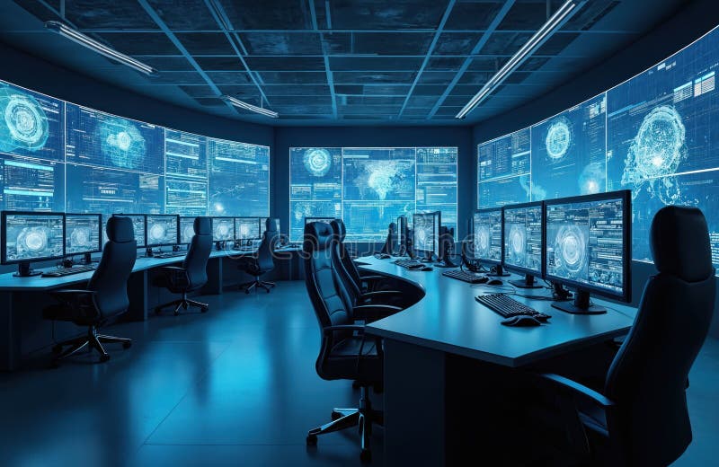 Illustration Modern Security System Control Room. Multiple Displays Show Data, Analytics Stock ...