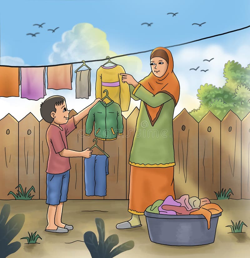 Illustration Mom and Son Drying Clothes Behind the House Stock ...