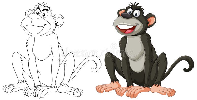 One Monkey Outline and One Monkey Color Stock Vector - Illustration of ...