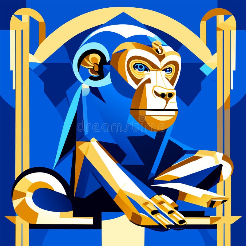 Illustration of a Monkey on a Blue Background with Golden Elements ...