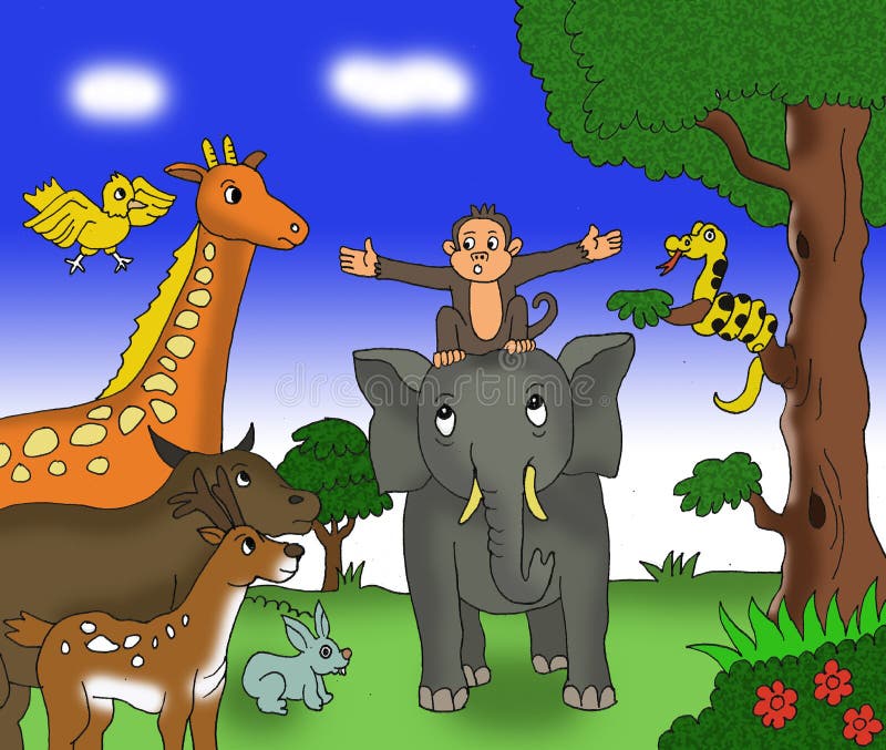 Illustration of a Monkey Sitting on an Elephant Talking To Other ...