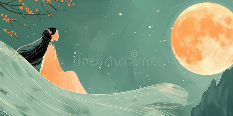 Illustration of Moon Goddess Chang E with a Large Full Moon in the ...