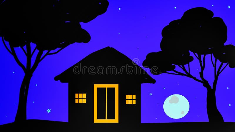 Illustration of Moon Night with Small House and Trees. Stock Photo ...