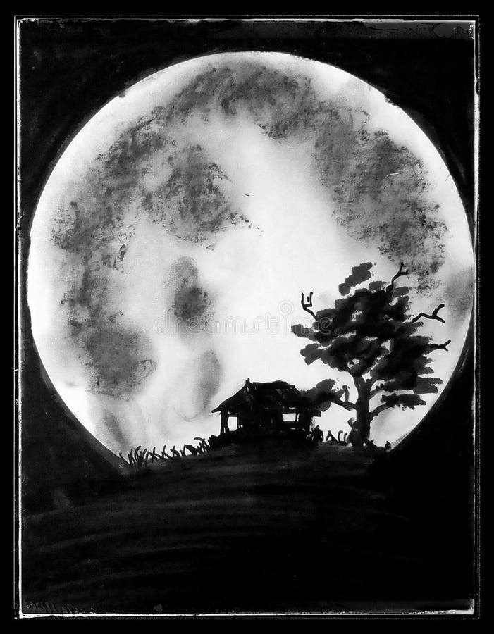Illustration Moonlight, House,and Trees Silhuette Stock Illustration ...