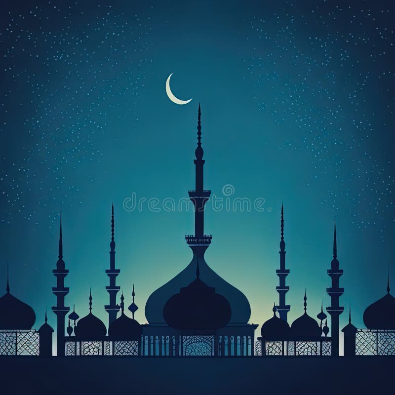 A Illustration of a Mosque with a Crescent Moon in the Background ...
